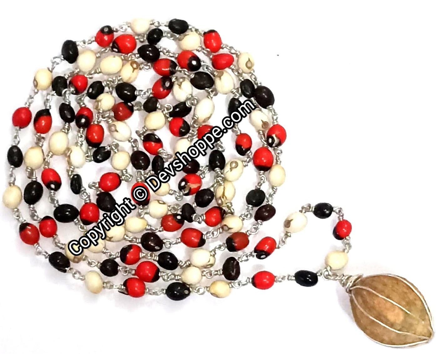 Red, Black and white Chirmi mala beads in silver with Laghu Nariyal ...